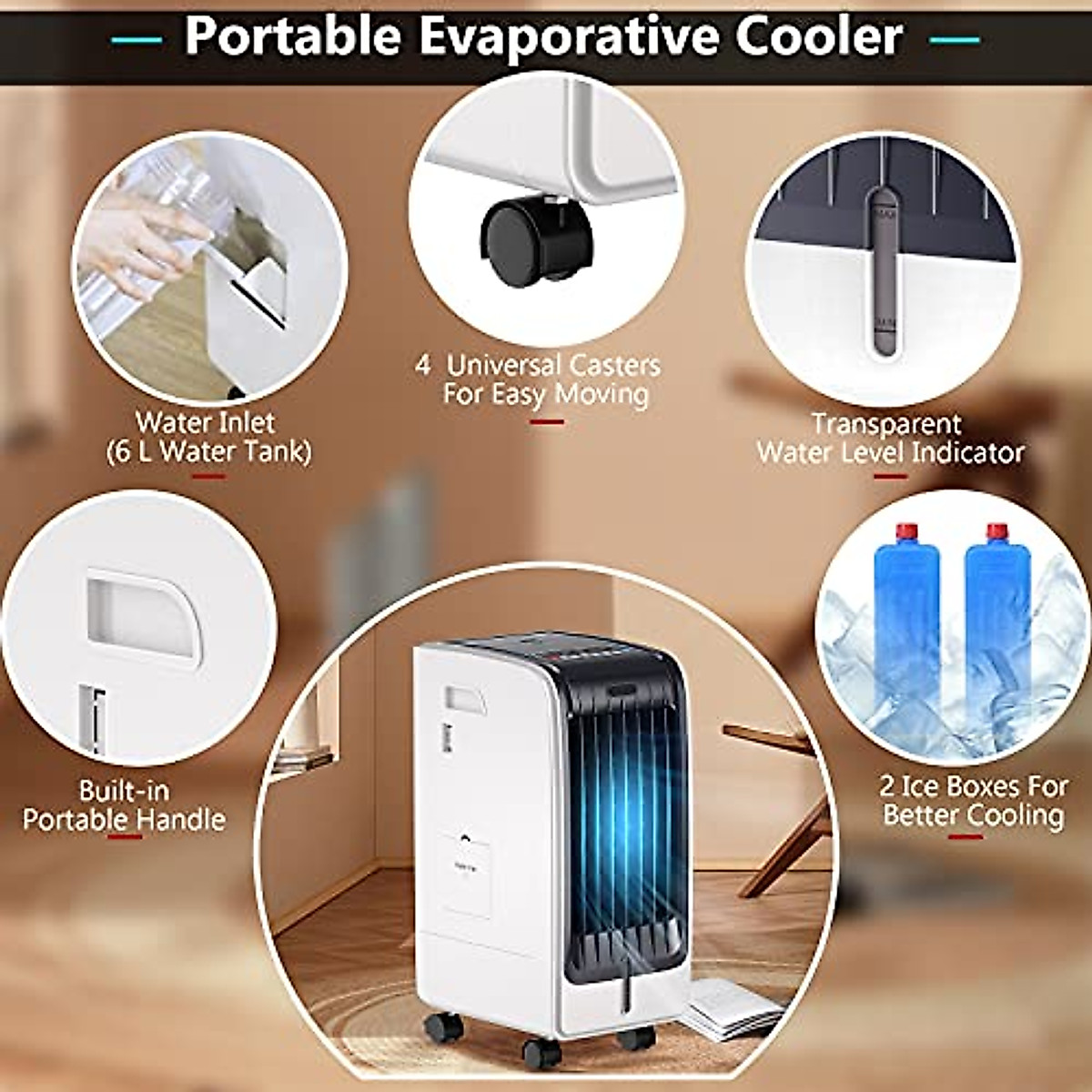 GOFLAME Evaporative Air Cooler, Bladeless Fan with 3 Mode and 3 Wind Speed Settings, Air Humidifier with 6L Water Tank, Quiet Operation, 8-hour Time Setting w/Remote Control, Ideal for Home and Office