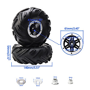 Rchobbytop 4-Pack RC 2.2" Tires Inflatable OD 140mm Mud Badland Tractor Tread Tyres and 12mm Wheel Rims Lock Nuts for 1/10 Rock Crawler Monster Truck Traxxas Maxx Axial RC4WD, Silver