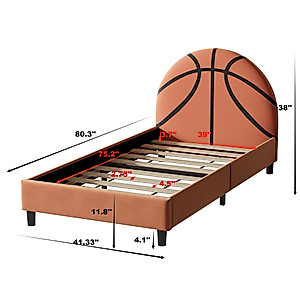 SOFTSEA Twin Size Bed Frame for Kids, Twin Size Sport Style Bed Frame for Boys, Basketball Shaped Bed Wood Platform Bed Frame, Upholstered Twin Bed Frames for Kids, No Box Spring Needed, Orange