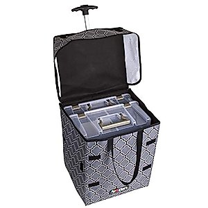 ArtBin 6822AG Rolling Tote, Lightweight Collapsible Art & Craft Storage Tote with Wheels, Retractable Handle, Shoulder Strap, Black/Gray Print