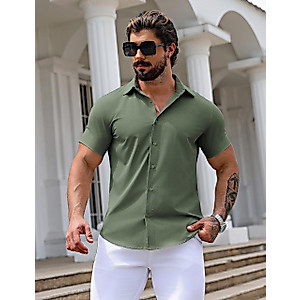URRU Men's Muscle Dress Shirts Slim Fit Stretch Short Sleeve Casual Button Down Shirts for Men Army Green L