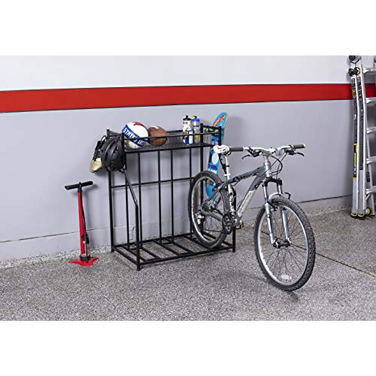 3 Bike Stand Rack with Storage – Great for Parking Road, Mountain, Hybrid or Kids Bikes – Garage Organizer - Helmet - Sports Storage Station - Black