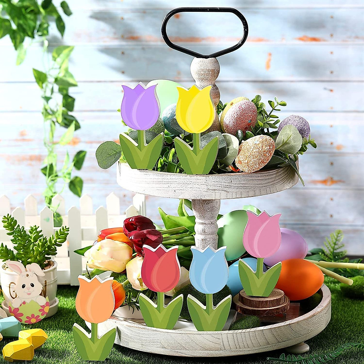 6 Pcs Easter Wooden Tulips Tiered Tray Decor Farmhouse Wood Tulips Table Decorations Spring Tiered Tray Decor Easter Wooden TulipsSign for Shelf Tabletop Easter Party Home Tie Trays (Pink, One Size)