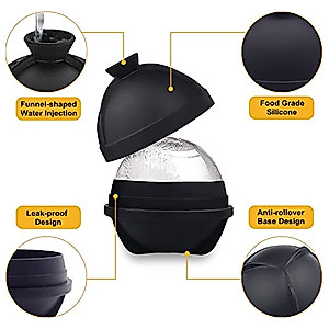 Helpcook Ice Ball Molds 4 Pack - Silicone Sphere Ice Molds with Built-in Funnel - 2.5 Inch Round Ice Cube Molds Ice Ball Maker Makes Large Ice Balls for Whiskey & Cocktails - Easy Release and BPA Free