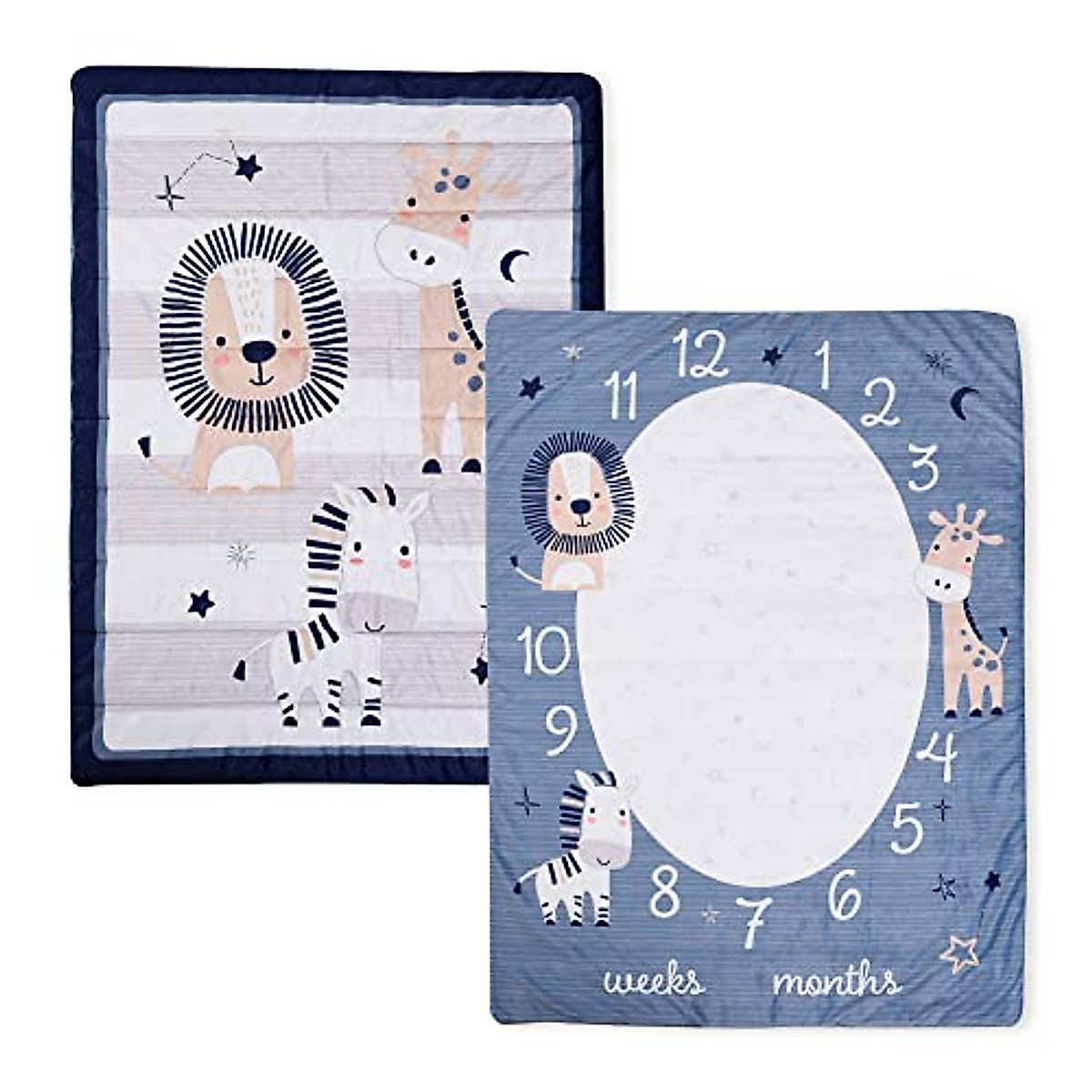 EXPRESSIONS 5 Piece Crib Bedding Set, Safari Includes Reversible Milestone Baby Blanket, 2 Standard Fitted Crib Sheets, Security Blanket & Storage Tote