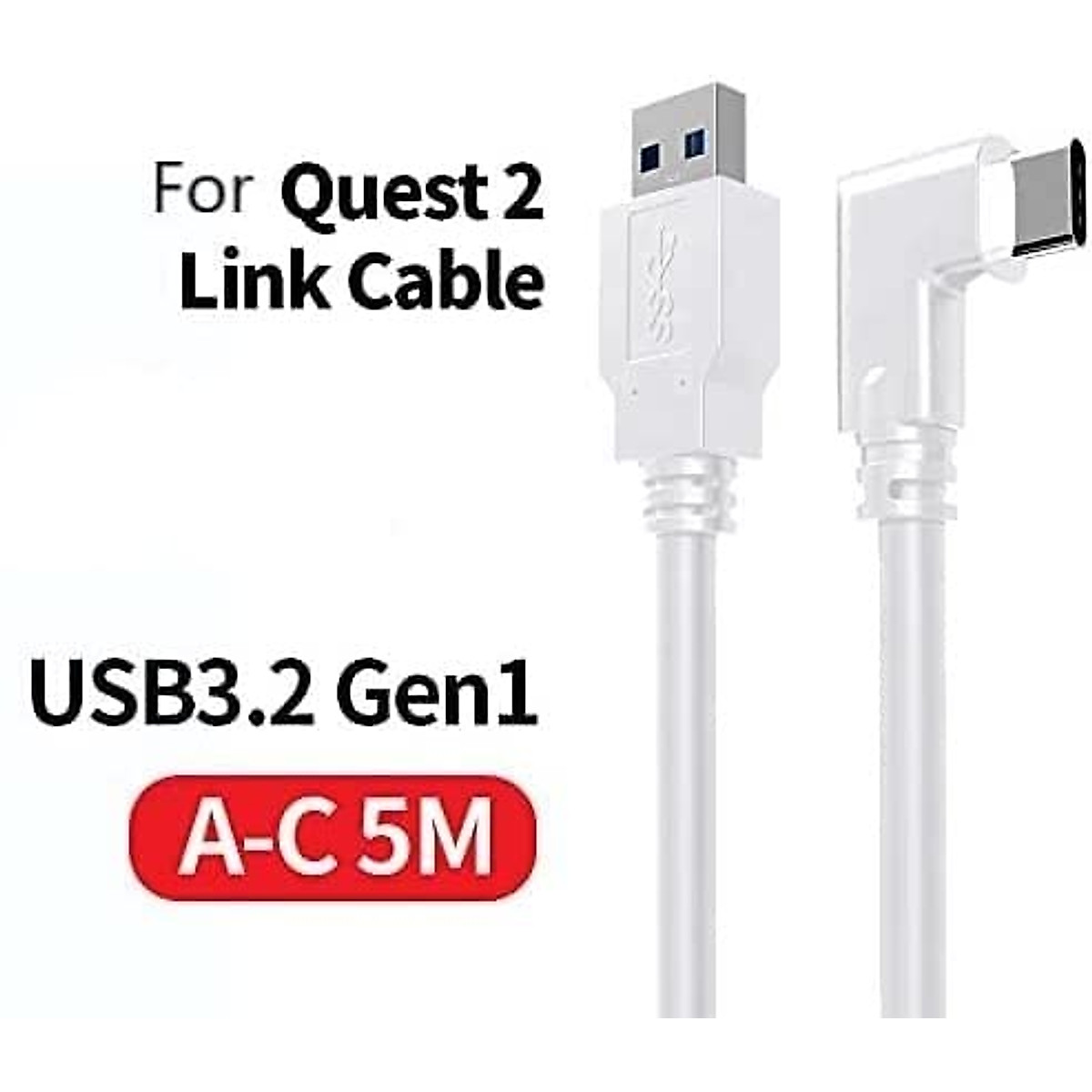 TNE 16ft Link Cable for Oculus Quest 2 & Quest 1 for PC Gaming & Charging | High Speed Data Transfer & Fast Charger Cord 90 Degree Angled Type C USB3.2 Gen1 to USB Type A Power Cable (16ft/5M, White)