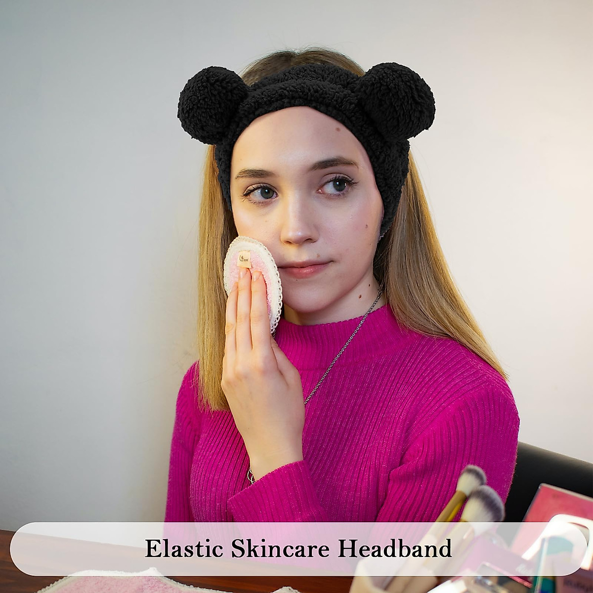 Ondder 2 Pcs Bear Ears Skincare Headbands - Black & White Spa Headbands for Makeup, Cosmetic, Spa & Party