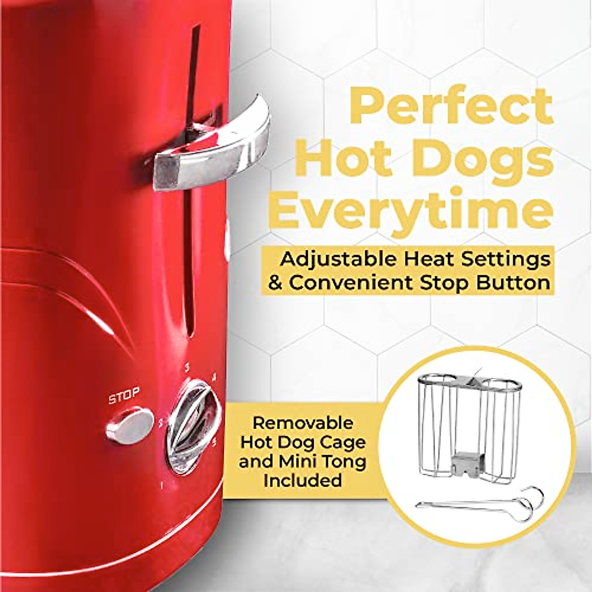 Nostalgia 2 Slot Hot Dog and Bun Toaster with Mini Tongs, Retro Hot Dog Toaster, Hot Dog Cooker that Works with Chicken, Turkey, Veggie Links, Sausages and Brats, Metallic Red