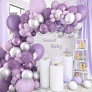UniStylar 147Pcs Purple Balloons Garland Arch Kit, Light Pastel Lavender Silver Metallic Confetti PurpleBalloons for Womens Girls Baby Shower Wedding Birthday Party Decorations(Purple Silver)