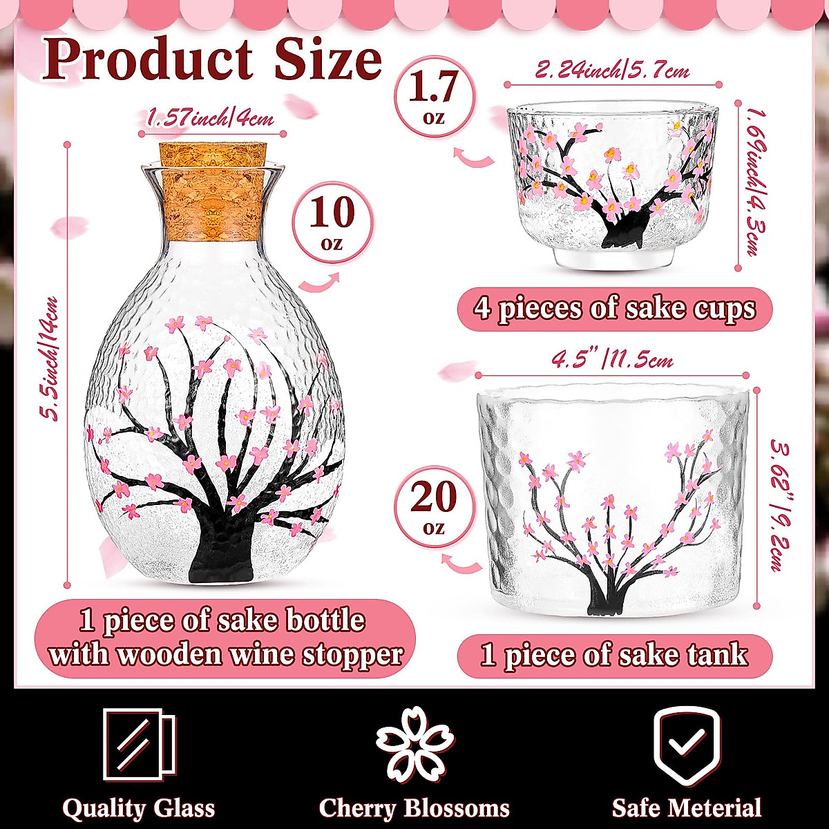 Irenare 6 Pieces Japanese Sake Set Saki Cup Set Pink Cherry Blossoms Sake Bottle Cup Set for 4, Including 1 Sake Bottle 1 Sake Tank and 4 Sake Cups for Cold Hot Warm Sake Carafe, Japanese Gifts Set