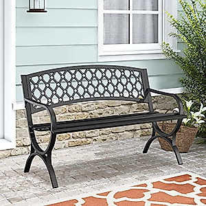Outdoor Bench Garden Bench, Weatherproof Anti-Rust Heavy-Duty Outside Bench Clearance, Wrought Iron Metal Bench for Front Porch, Patio, Park, Ergonomic Backrest, Slatted Seat, Black/ 50 Inch furniture