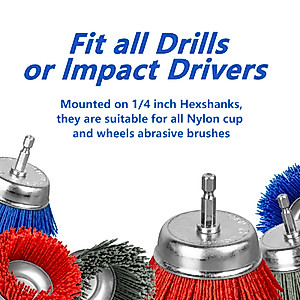 SALI 6Pack 3 Inch Cup Brush Nylon Filament Abrasive Wire Brush Wheel with 1/4 Inch Hex Shank, Three Grits Nylon Drill Brush Set for Removal of Rust Corrosion Paint