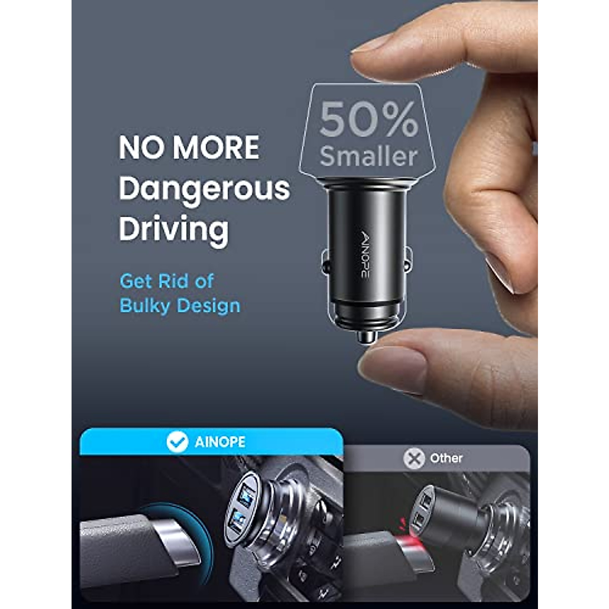 AINOPE 2 Pack Fast Mini Car Charger Adapter, 4.8A Metal Cigarette Lighter USB Car Charger Flush Fit, Dual Port Compatible with iPhone 14 13 12 Pro Max 8 Plus 7 6s, Samsung Galaxy S23/10/9/8/7, iPad