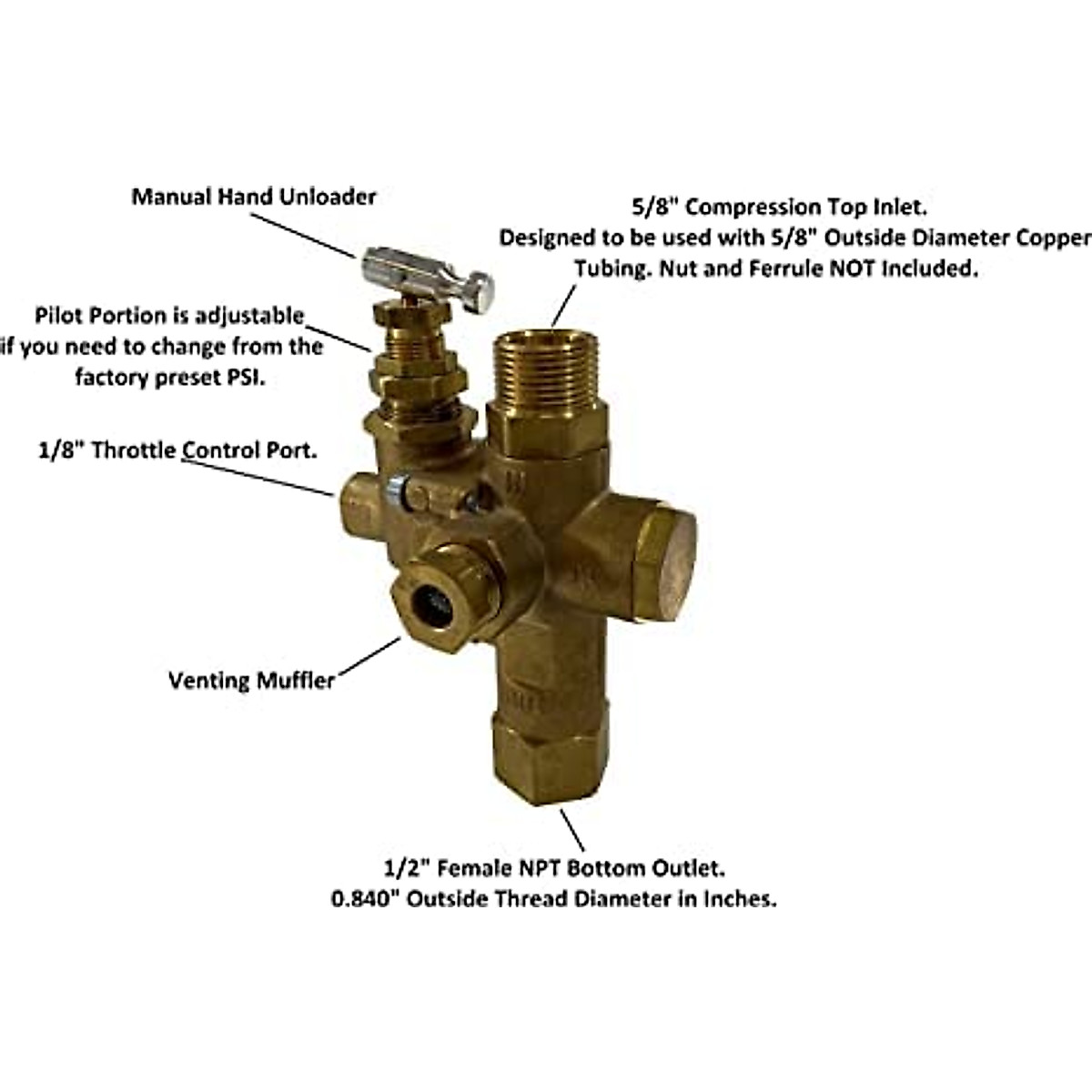 5/8" Compression Top Inlet for Copper Tubing Unloader Pilot Check Valve plus Throttle Control, 6.5HP Max Gas Compressors (125-150 PSI, Valve ONLY, Throttle Control Cable NOT Included)