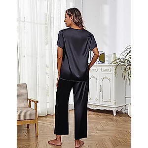 HBZDQB Satin Pajama Set for Women Short Sleeve Sleepwear Silk Soft Nightwear Comfy Loungewear daily Pjs Sets Fall Pyjama Black XL