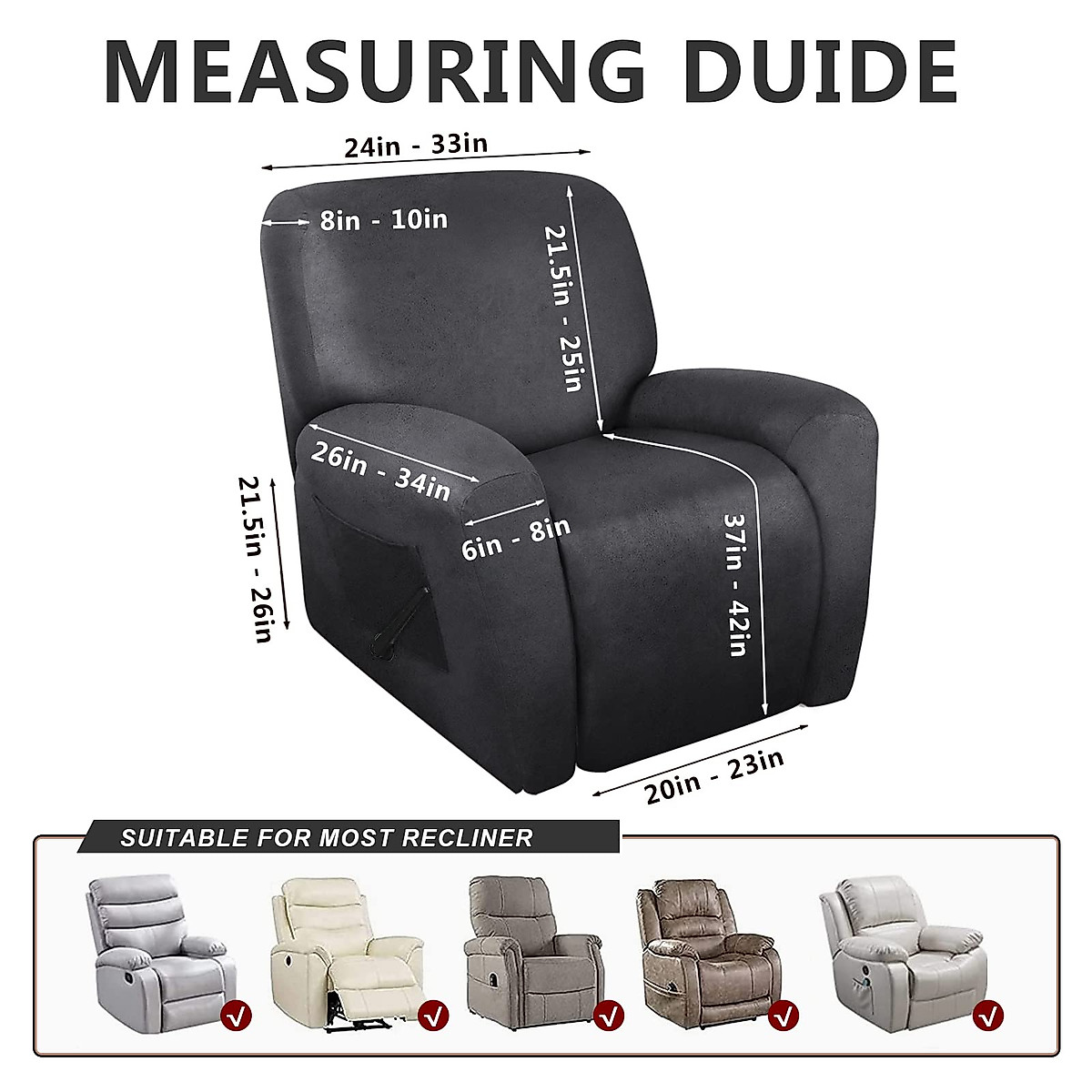 molasofa Recliner Chair Covers - 4 Pieces Leather Like Large Recliner Covers with Pocket Soft Stretch Recliner Slipcover for Lazy Boy Recliner Chair Washable Furniture Protector (Dark Grey)