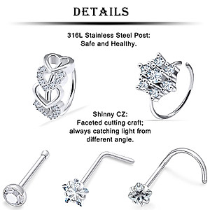 Kridzisw 18g Nose Ring Hoop Stud Piercing Jewelry for Women 316L Stainless Surgical Steel L Shaped Bend Straight Silver Nose Nostril Ring Hoop Stud Pin Bone Earring Piercing Jewelry women Men 8mm 2mm