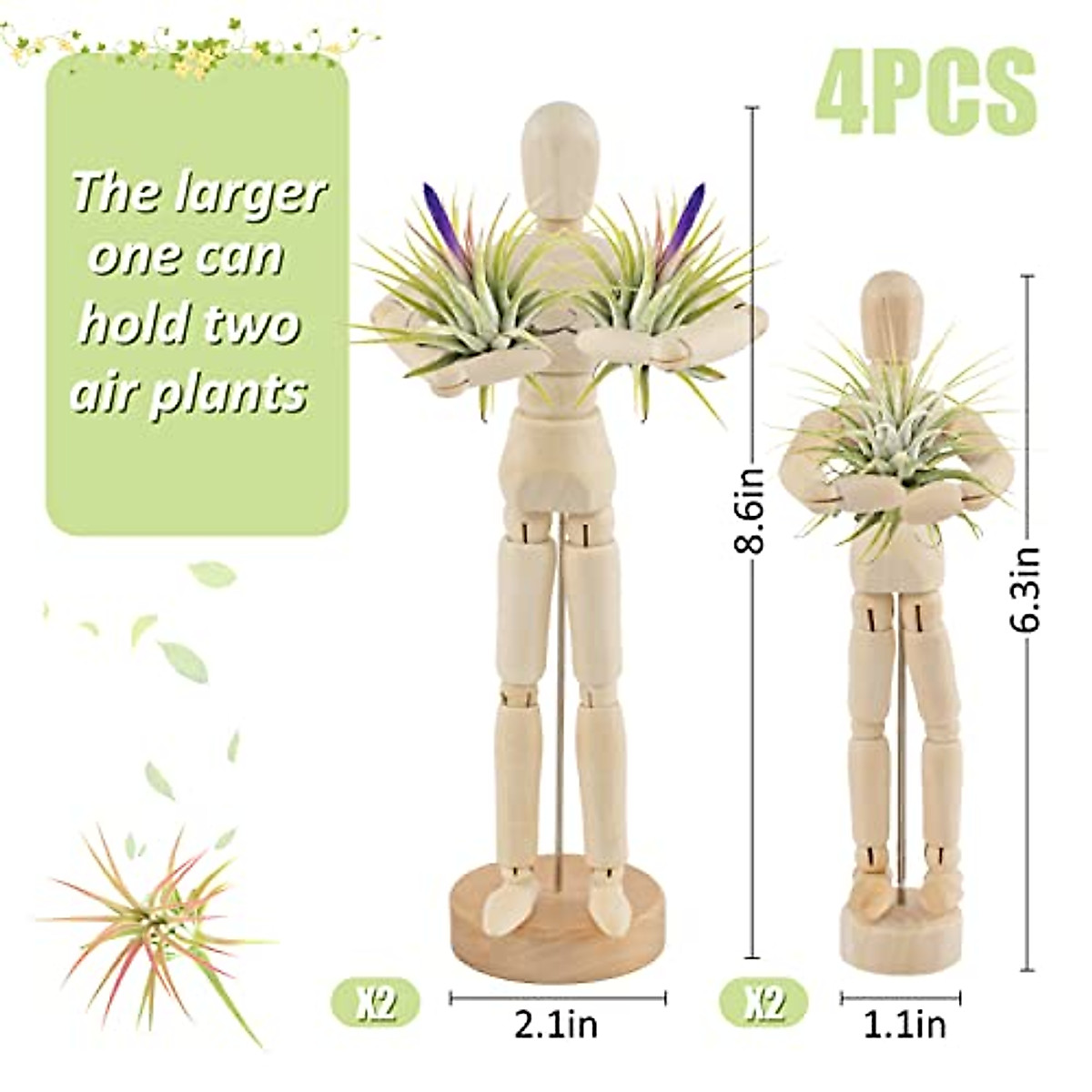 4 Pcs Wooden Jointed Mannequin Air Plant Holder - Tabletop Air Plant Stand in 2 Sizes, Tillandsia Air Plant Display Container with Adjustable Poses for DIY Home Office Decoration Housewarming Gifts