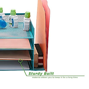 Mind Reader Desk Organizer with 6 Compartments [4 Trays and 2 Side File Holders ] For Pen, Pencil, Mail, Magazines and Office Accessories (Turquoise)