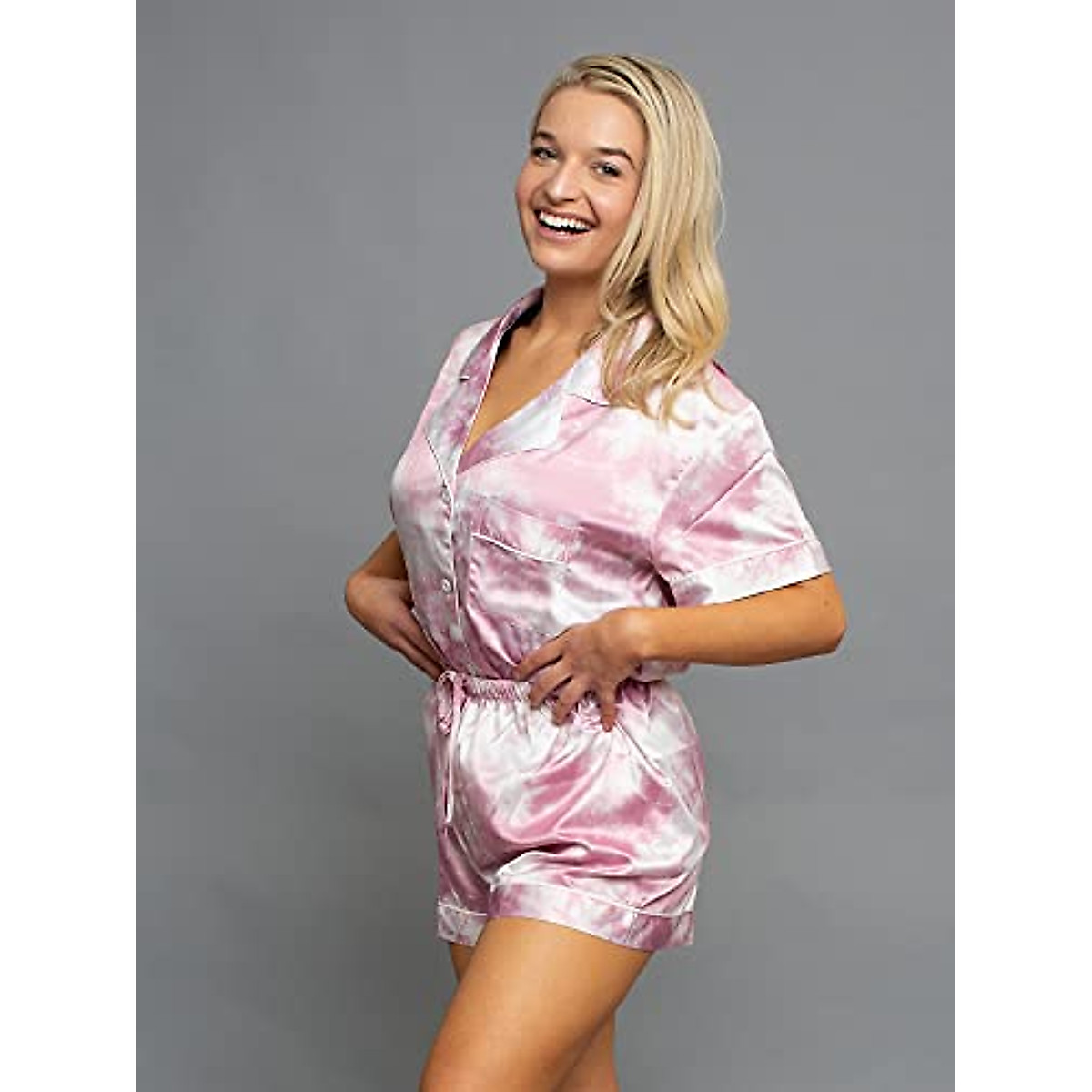 Belle's Design Women’s Tie Dye Short Sleeve Satin Silk Pajama Set Button Down 2 pieces Loungewear Sleepwear (Dusty Pink, XX-Large)