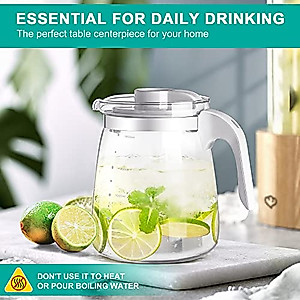 Glass Water Pitcher - HIHUOS 60oz Chic Carafe with Lid and Handle - Iced Tea Pitcher with Precise Scale Line, Modern Juice Jug for Cold Brew Coffee, Milk, Sun Tea, Lemonade