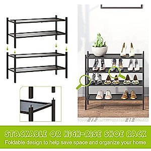 BMOSU 2-Tier Bamboo Shoe Rack Premium Stackable Shoe Shelf Storage Organizer for Hallway Closet Living Room Entryway Organizer(Black)