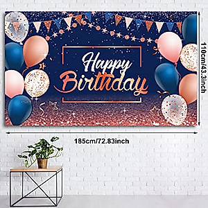 Happy Birthday Decorations Backdrop, Glitter Birthday Backdrop Sign, Happy Birthday Banner, Birthday Party Supplies Photo Background for Children Men Women, 72.8 x 43.3 Inch (Rose Gold and Navy Blue)
