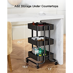 Pipishell 3 Tier Metal Rolling Utility Cart, Heavy-Duty Storage Rolling Cart with 2 Lockable Wheels, Multifunctional Mesh Organization Utility Cart for Kitchen Dining Room Living Room (Black)