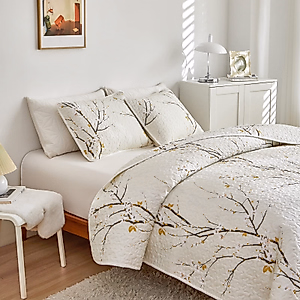 Quilt Set King Size Cream White with Black Branch Bedding Set 88x88 Soft Microfiber Lightweight Coverlet Bedspread Summer 3 Pc Bed Cover for (1 Quilt+ 2 Shams)
