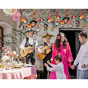 Day of the Dead Sugar Skull Hanging Swirl Decorations dia de los muertos Ceiling Streamers Party Decor Mexican Theme Party Supplies Skull Guitar Flower Halloween Baby Shower Set of 20