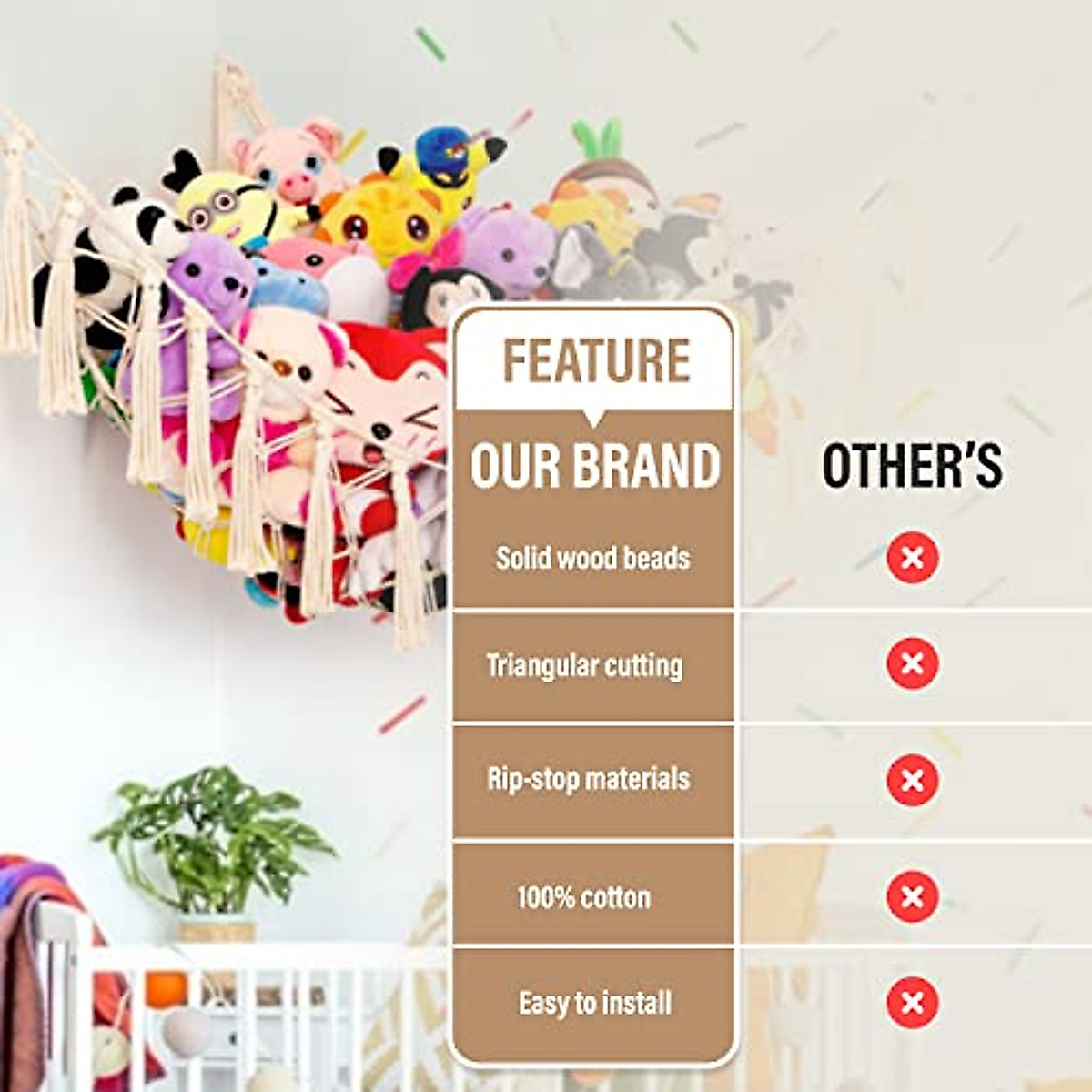 IYOG Stuffed Animal Net or Hammock (41inx41inx52in) - Corner Net for Stuffed Animals for Wall - Stuffed Animal Storage - Toy Hammock -Stuffed Animal Hammock (Cream) Hardware Included