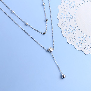 Teardrop Double Layered Necklace Sterling Silver Long Chain Y Lariat Necklace for Women Lady