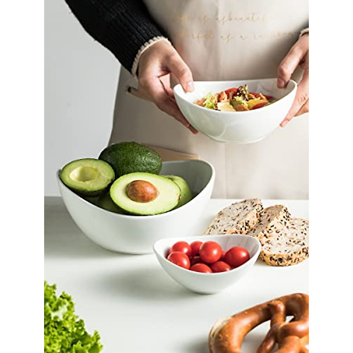 Miamolo Triple Ceramic Serving Bowl Set with Stand - White Serving Tiered Stand,Set of 3 Oval Bowl Set Perfect for Table Decoration Set Party Chip Rack Display Salad Bar Serving Set - Black Stand