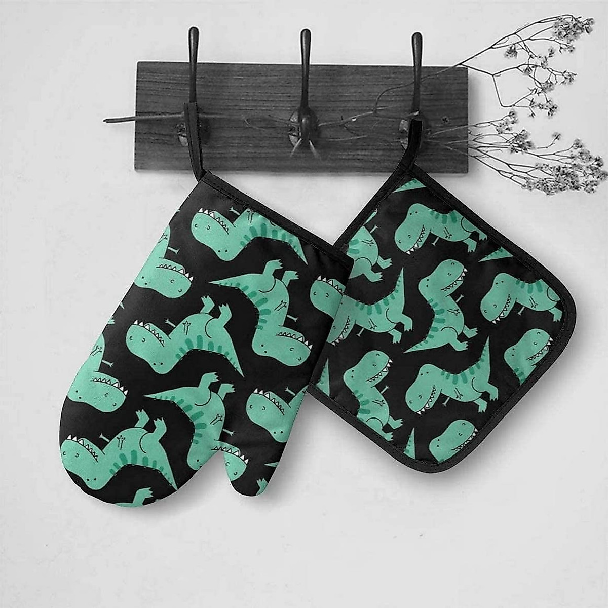 T-Rex Dinosaur Pattern Heat Resistant Oven Mitts and Pot Holders Sets of 2 for Kitchen Non-Slip Oven Gloves for BBQ Cooking Baking