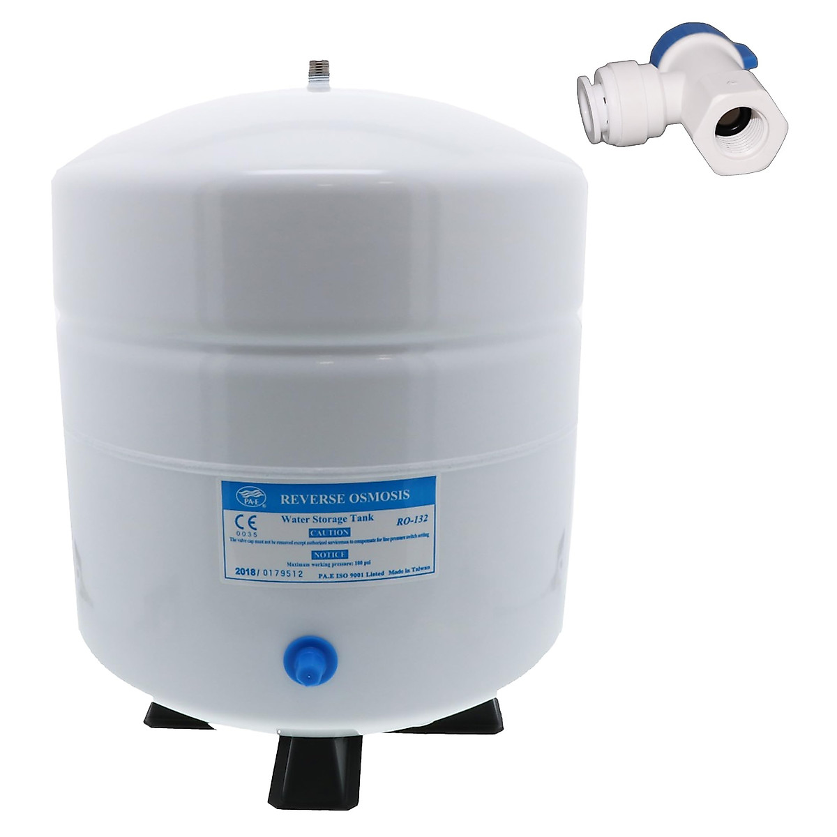 Neo-Pure RO-132 Reverse Osmosis Storage Tank Powder Coated Steel w/Tank Valve Female Elbow 1/4" FPT x 3/8" Quick-Connect (Stainless Steel, 4.5 Gallon)