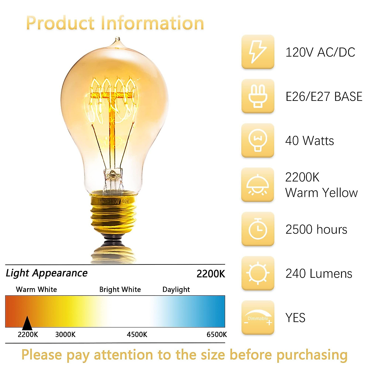 Sevici Edison Bulbs, A19 Bulbs 6 Pack, Dimmable 120V 40W Vintage Amber Glass, 240 Lumens E26 Base, Retro StyleIncandescent Bulbs, 2200K Warm Yellow Light, for Home Office Desk Lamp Stand