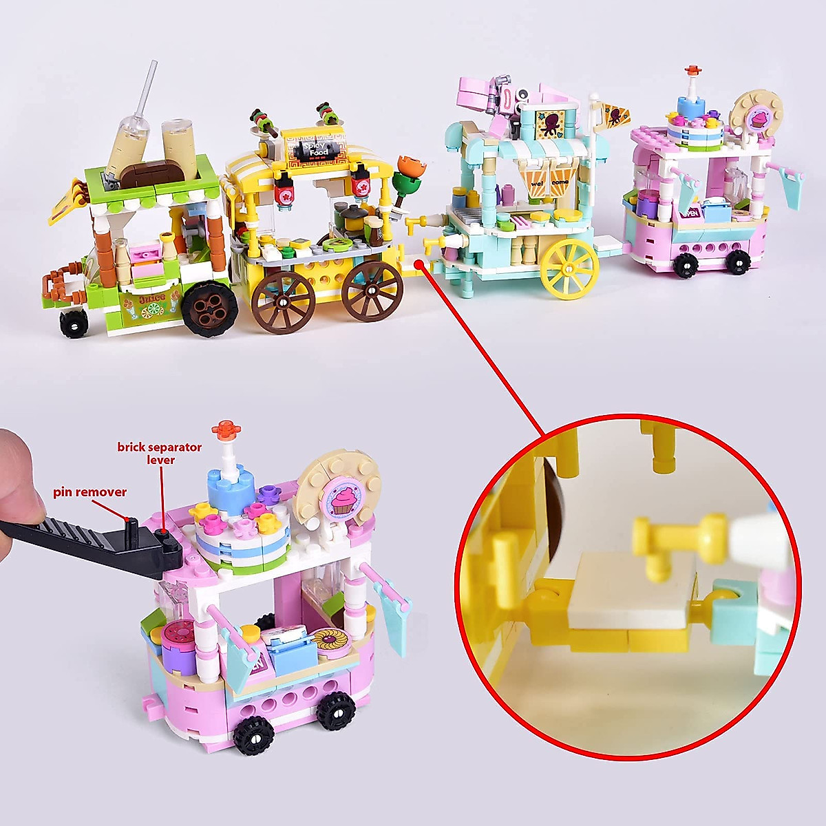 FUN LITTLE TOYS 4 Boxes Food Cart Building Block Toy Street View Building Bricks Set Include Ice Cream Cart BBQ Station Thrifty Thirst and Sushi Stop,Building Block Sets,