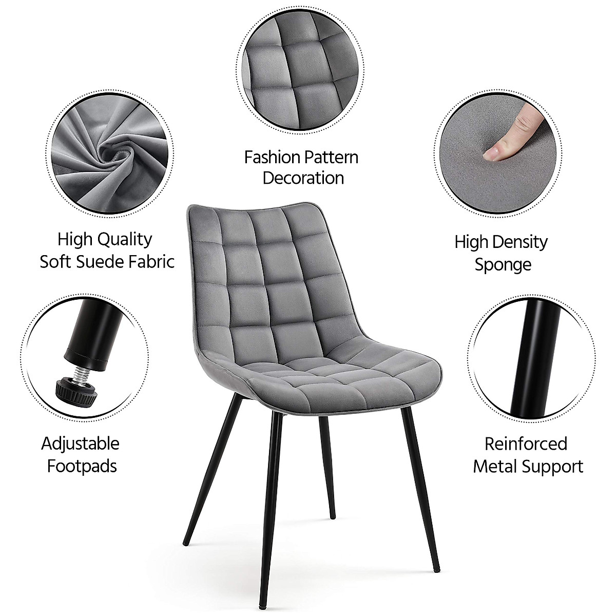 Yaheetech Set of 4 Dining Chairs Velvet Reception Chairs Tufted Accent Chairs with Soft Padded and Metal Legs for Kitchen/Living Room/Lounge/Reception, Gray