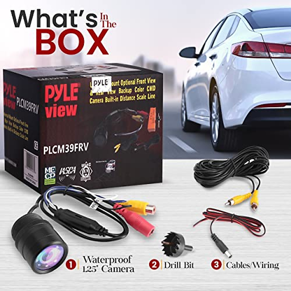 Pyle Universal Mount Front Rear Camera - 1.25” Marine Grade Waterproof Cam Built-in Distance Scale Lines Backup Parking/Reverse Assist w/ Night Vision LED 420 TVL Resolution & RCA Output PLCM39FRV