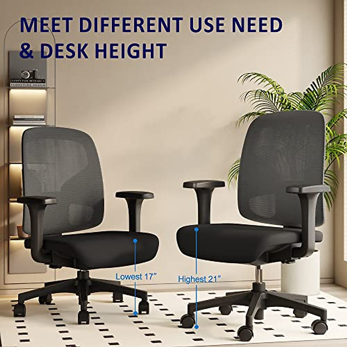 GABRYLLY Office Desk Chair, Ergonomic Mesh Chair Mid Back Computer Task Chair with Wide Armrest & Soft Cushion Seat, Swivel Executive Chair for Home Study Living Room - Grey