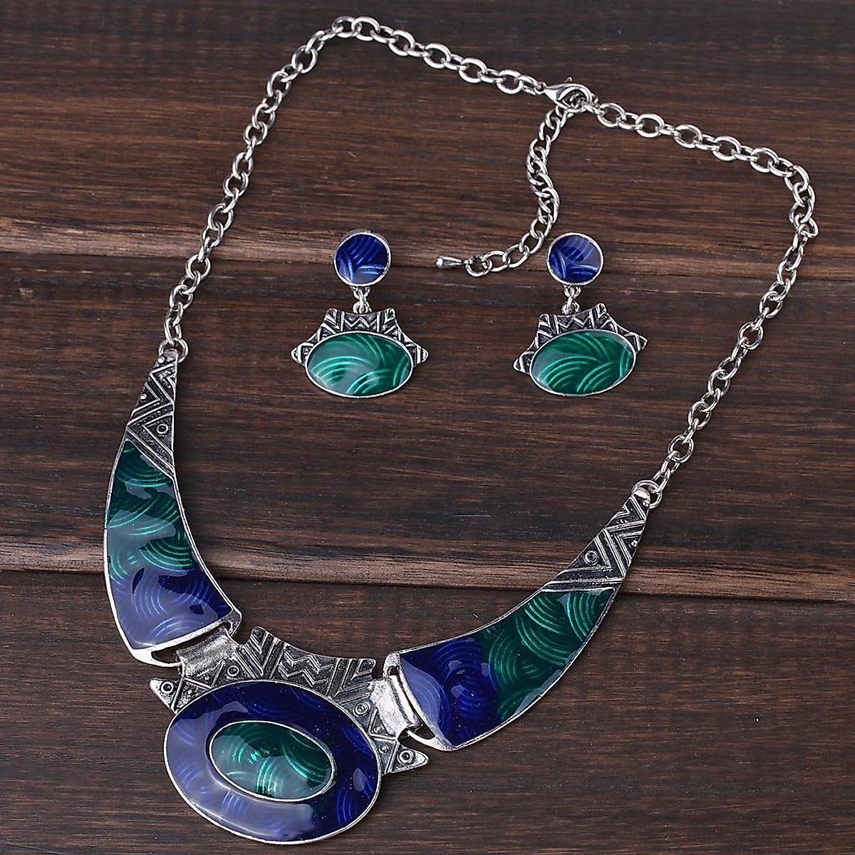 YAZILIND Ethnic Dark Blue Green Embossed Bib Collar Earrings Necklace Jewelry Set Women