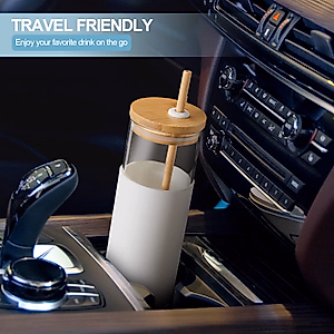 6 Pack Glass Tumblers with Bamboo Lid and Straw Reusable Iced Coffee Cups Smoothie Tumbler Aesthetic Travel Straw Cups Glass Water Bottle with Silicone Protective Sleeve and Brush (20 oz)