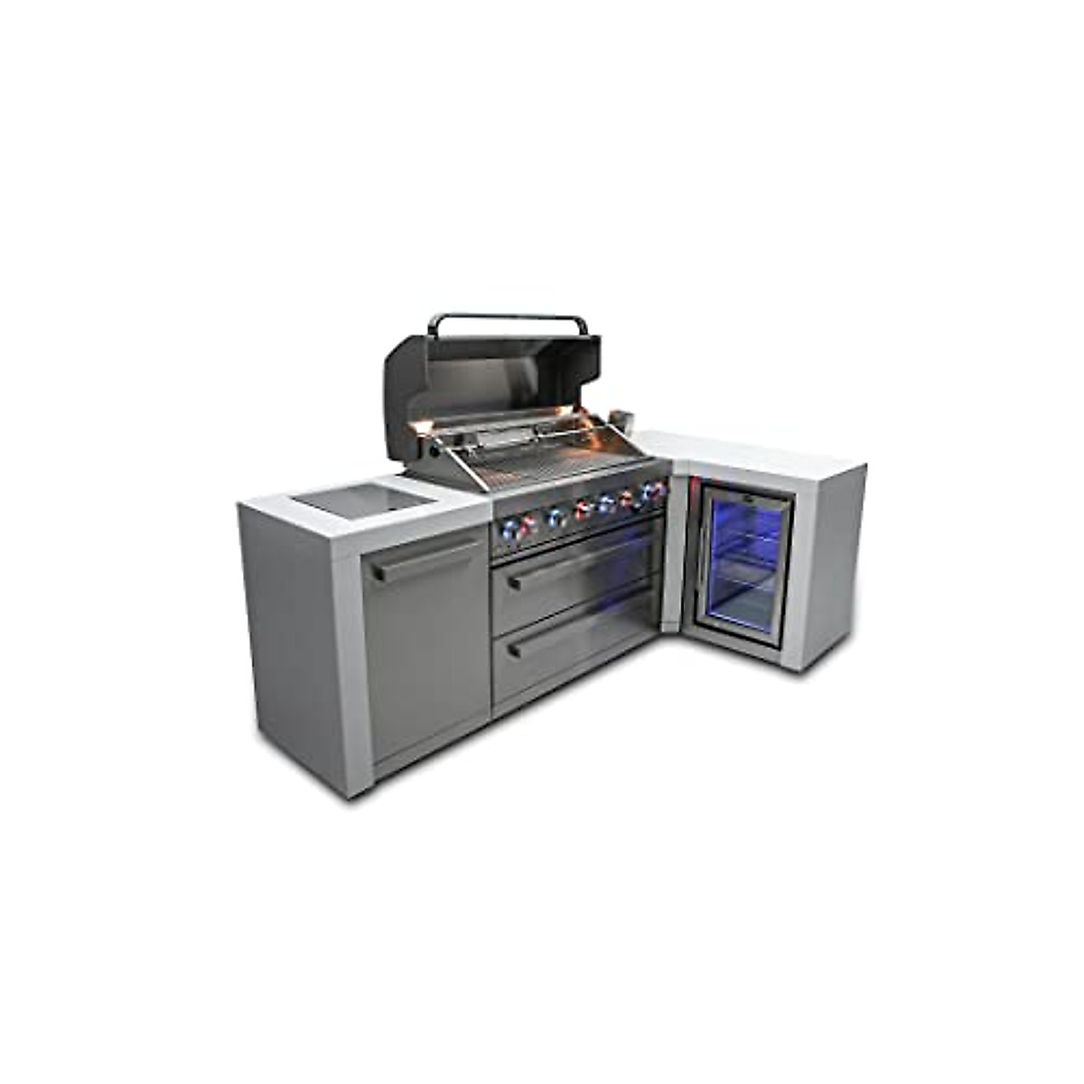 Mont Alpi MAi805-D90FC 44-inch 6-Burner 115000 BTU 90 Degree Corner Deluxe Stainless Steel Gas Outdoor Barbecue Island Grill w/Lockable Compact Refrigerator + Infrared Side Burner + Rotisserie Kit