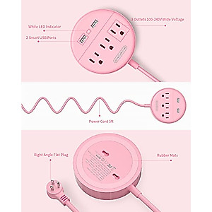 Rose Pink Power Strip with USB, NTONPOWER Flat Plug Extension Cord Nightst&Desktop Charging Station with 3 Outlet &2 USB, Wall Mount, Small Size for Dorm Room Home Office Travel, ,'5 FT Cord