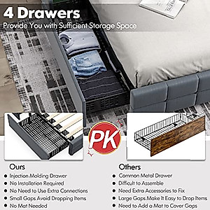 Giantex Queen Bed Frame with LED Lights and 4 Drawers, Upholstered Platform Bed Frame with USB Ports, Tufted Adjustable Headboard Design, Solid Wooden Slat Support, No Box Spring Needed