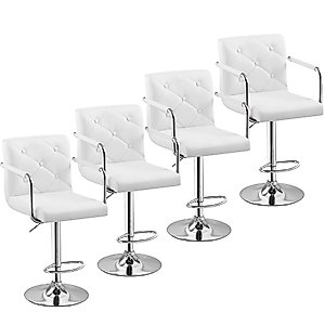 VECELO Bar Stools, Adjustable Bar Stools Set of 4, Counter Height Barstool with Back and Arms, Swivel PU Leather Bar Chairs for Kitchen/Island, White