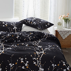 ARYURBU Floral Duvet Cover Set Queen Size with 2 Pillowcases Black, Flower Branch Printed Design, Lightweight Soft Microfiber Comforter Cover Bedding Set 3pcs with Zipper Closure and Corner Ties