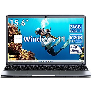 SGIN 15.6 Inch Laptop, 24GB DDR4 512GB SSD Windows 11 Laptops Computer with Intel Celeron N5095 Processor(Up to 2.9GHz), FHD 1920x1080, Mini HDMI, 2.4/5.0G WiFi, Webcam, USB 3.0, Bluetooth 4.2