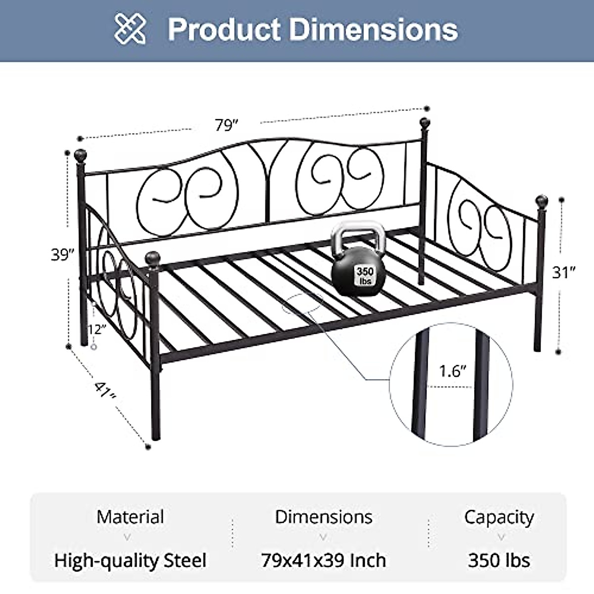 VECELO Metal Daybed Frame Multifunctional Platform Bed Sofa Mattress Foundation with Deluxe Headboard, Twin, Black