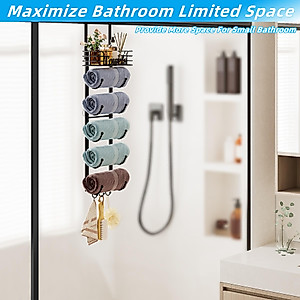 Over The Door Towel Racks for Bathroom,6 Tier Towel Rack Wall Mounted with Metal Shelf and Hooks,Rolled Towel Storage for Bathroom Door Holder Organizer Hanging,Black